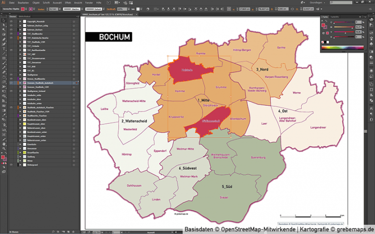 Bochum Stadtplan Stadtbezirke Stadtteile Topographie Vektorkarte