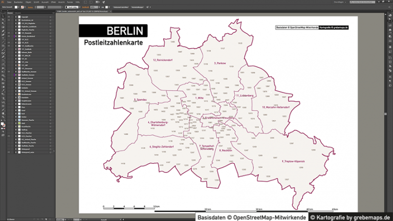 Berlin Stadtplan Postleitzahlen PLZ-5 Topographie Stadtbezirke Stadtteile