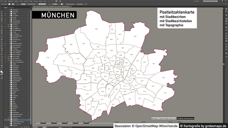 München Stadtplan Postleitzahlen PLZ-5 Topographie Stadtbezirke Stadtteile