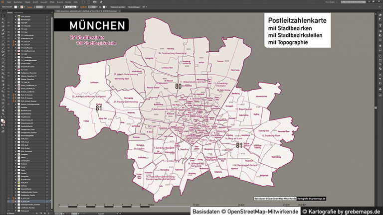 München Stadtplan Postleitzahlen PLZ-5 Topographie Stadtbezirke Stadtteile