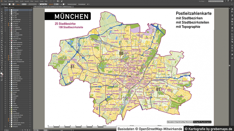 München Stadtplan Postleitzahlen PLZ-5 Topographie Stadtbezirke Stadtteile