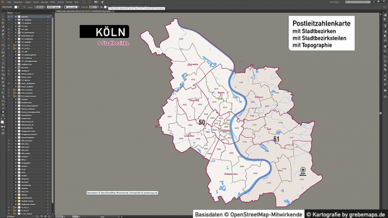 Köln Stadtplan Postleitzahlen PLZ-5 Topographie Stadtbezirke Stadtteile ...