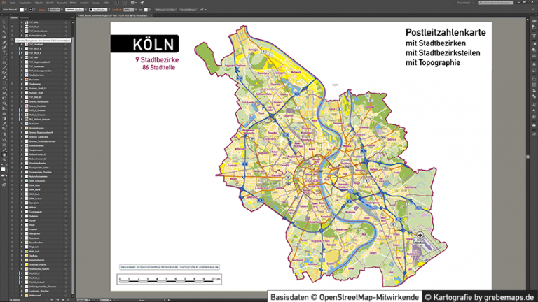 Köln Stadtplan Postleitzahlen PLZ-5 Topographie Stadtbezirke Stadtteile ...