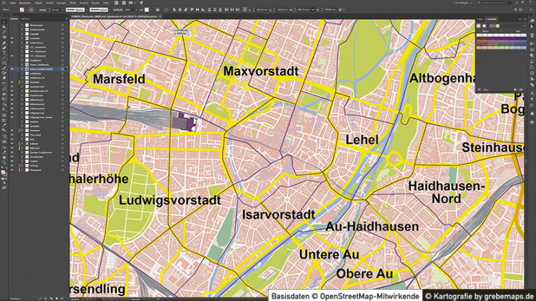 München Stadtplan Vektor mit Gebäuden + OEPNV-Linien, Vektorkarte München