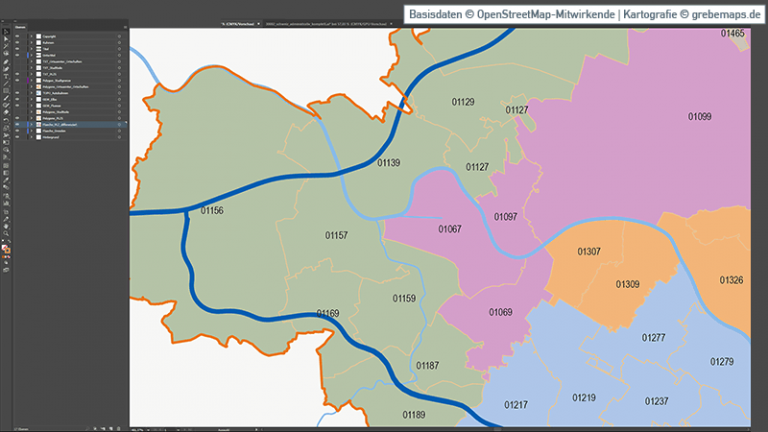 Dresden Vektorkarte Stadtbezirke Stadtteile Postleitzahlen PLZ-5