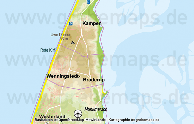 Sylt Vektorkarte Höhenschichten mit Gebäuden - grebemaps Kartographie