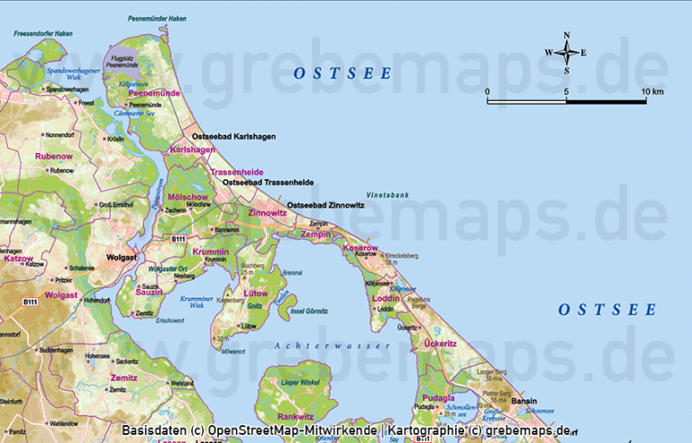 Usedom Vektorkarte Höhenschichten - grebemaps Kartographie