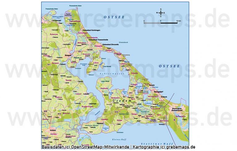 Usedom Vektorkarte Topographie mit Gemeindegrenzen - grebemaps Kartographie